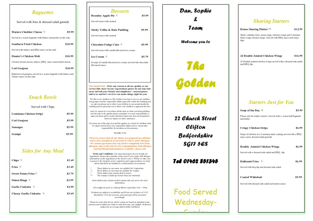 Menus - The Golden Lion