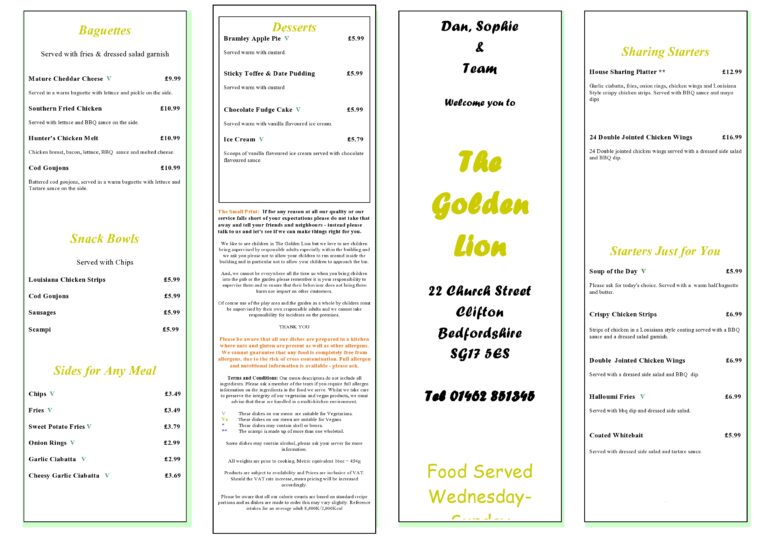 Menus - The Golden Lion