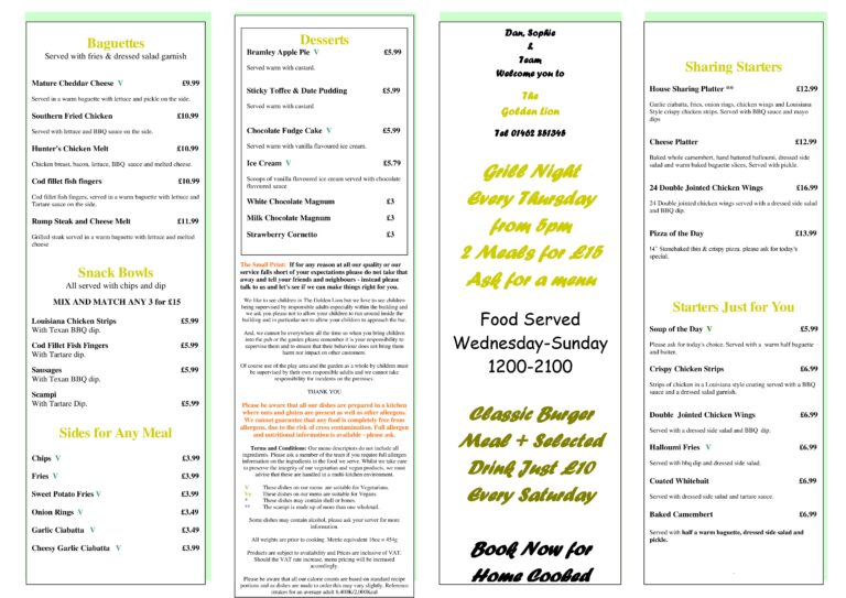 Menus - The Golden Lion