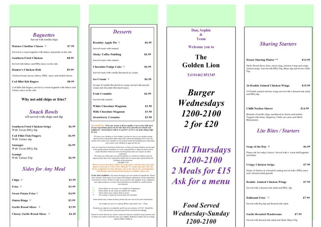 Menus - The Golden Lion