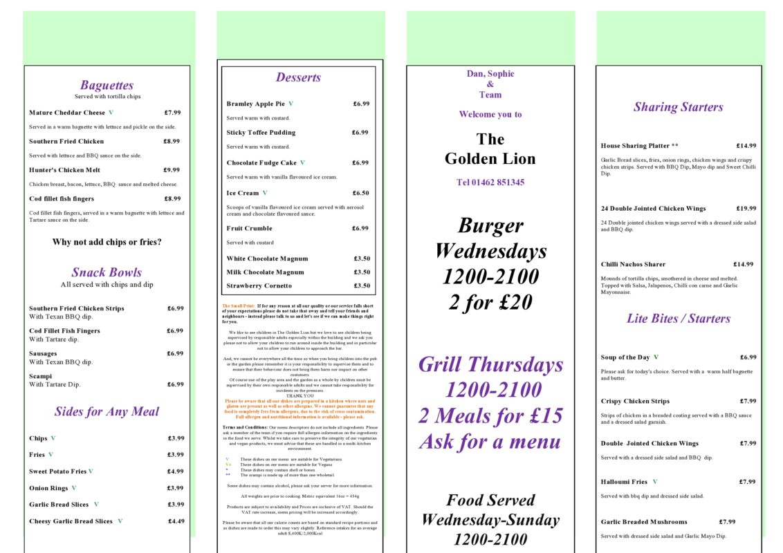 Menus - The Golden Lion
