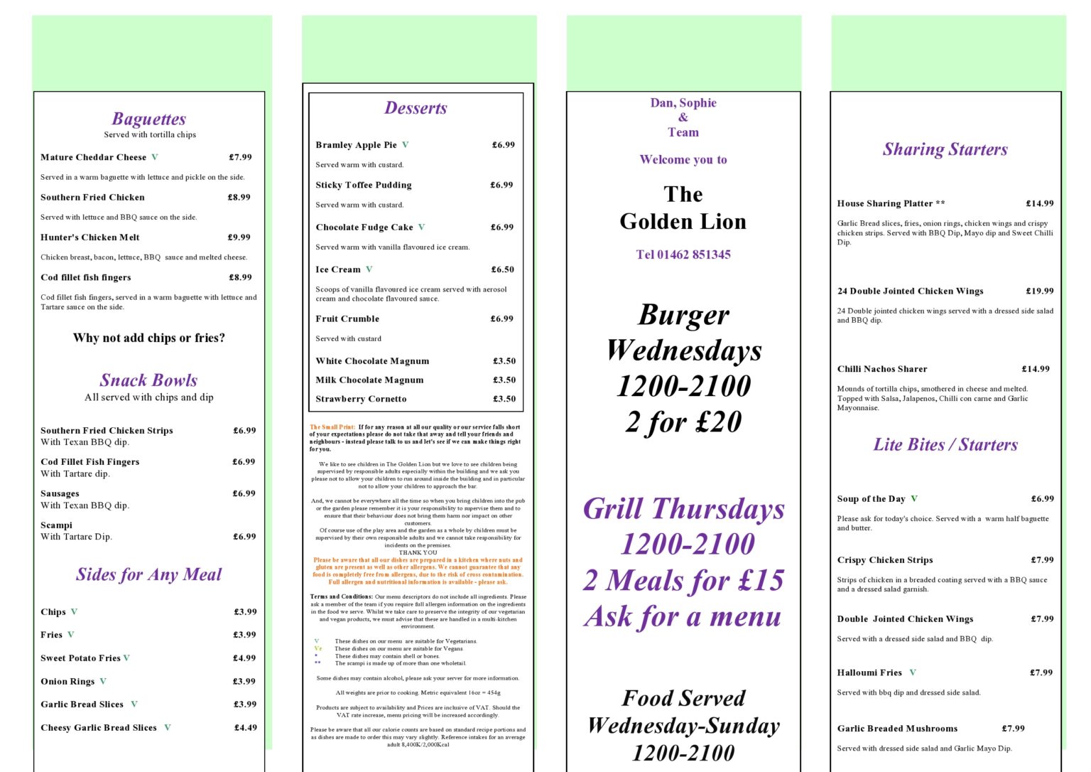 Menus - The Golden Lion