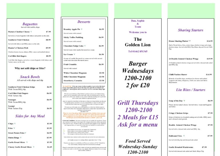 Menus - The Golden Lion