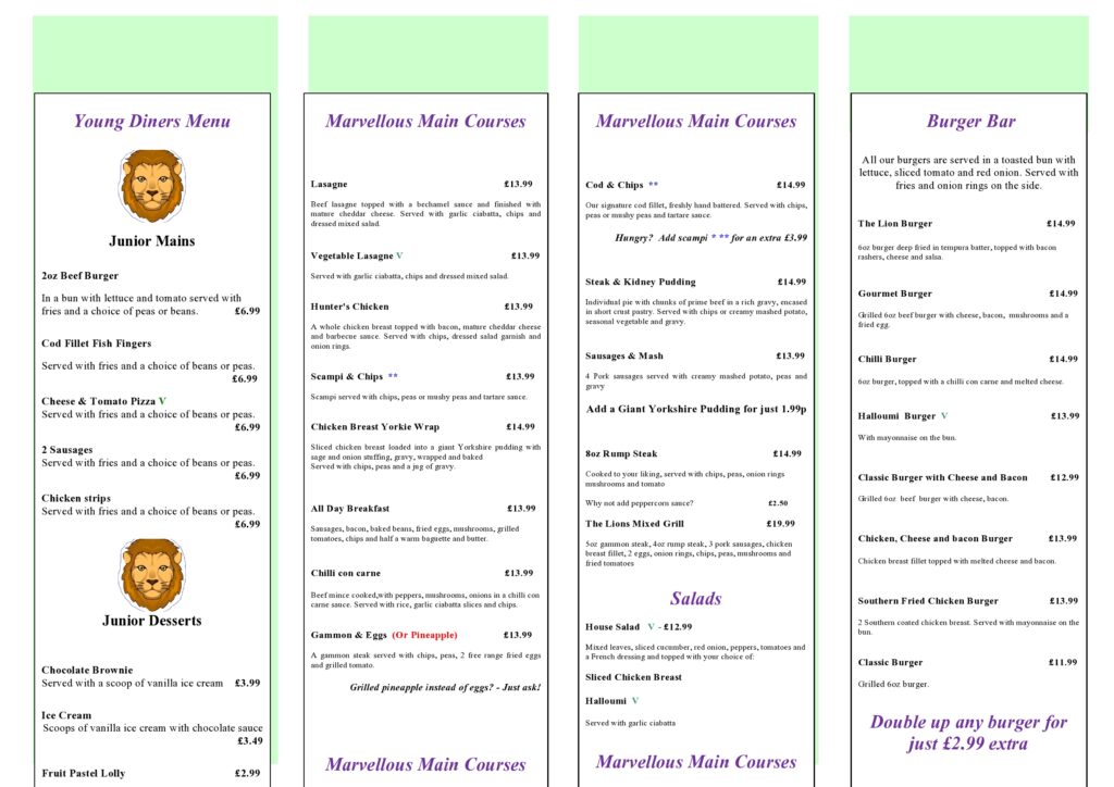 Menus - The Golden Lion