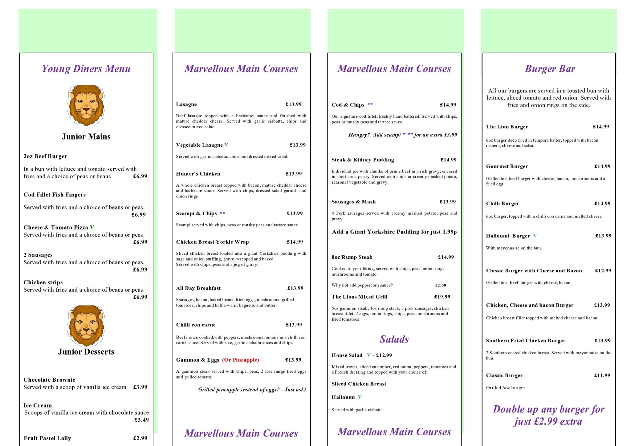 Menus - The Golden Lion