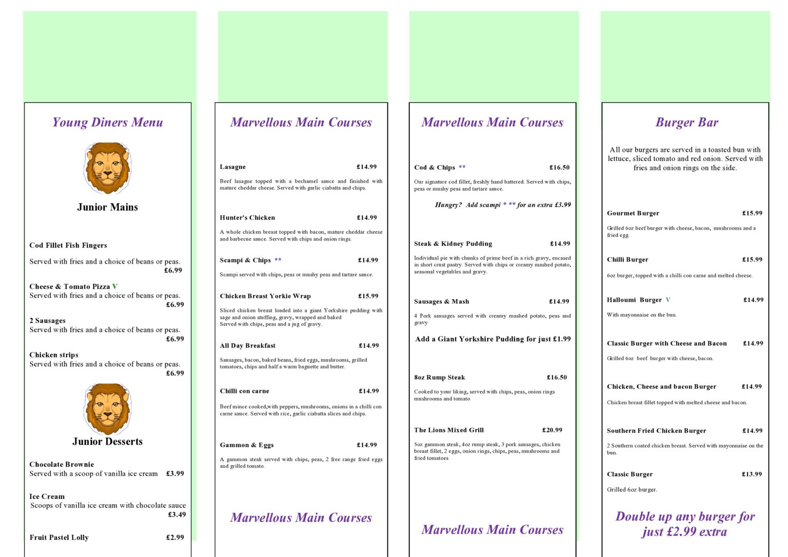 Menus - The Golden Lion